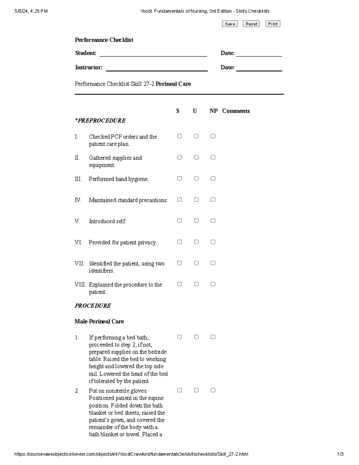 Perineal Care Skills Checklist for Nursing (Yoost, 3rd Ed) - Studocu