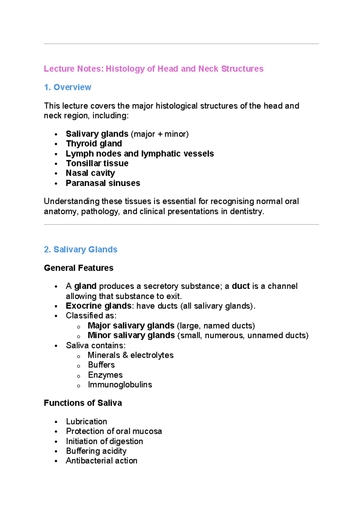 Lecture Notes: Histology of Head and Neck Structures (Course Code: 1 ...