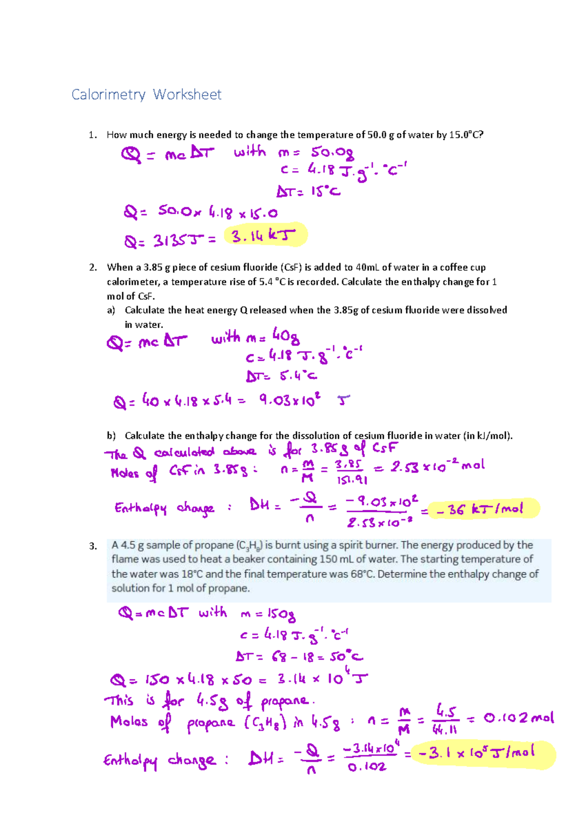 Calorimetry Worksheet Answers 1: Energy Calculations and Enthalpy - Studocu