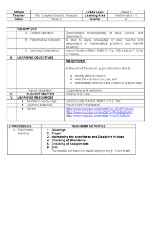 Mathematics 4 Detailed Lesson Plan on Number Visualization - Studocu