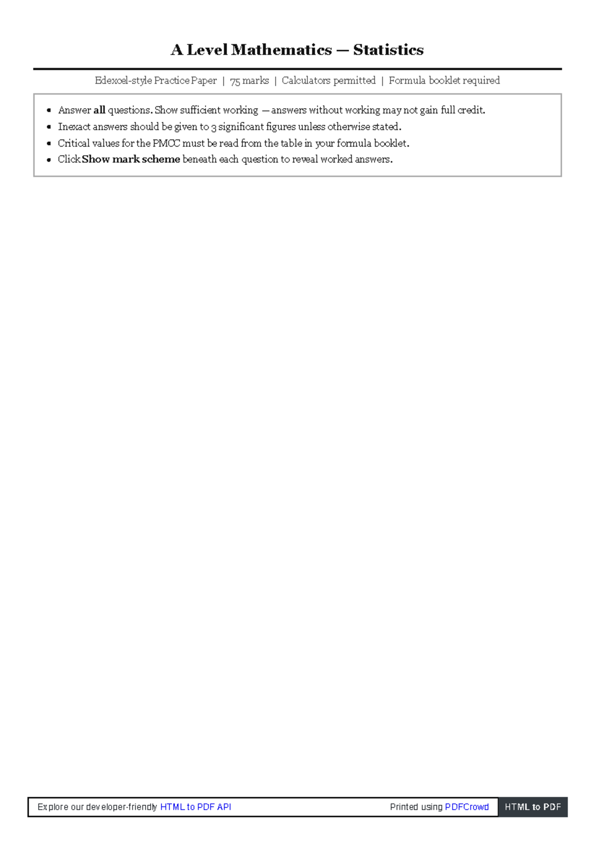 A Level Mathematics Statistics Practice Paper (Model Answers) - Studocu