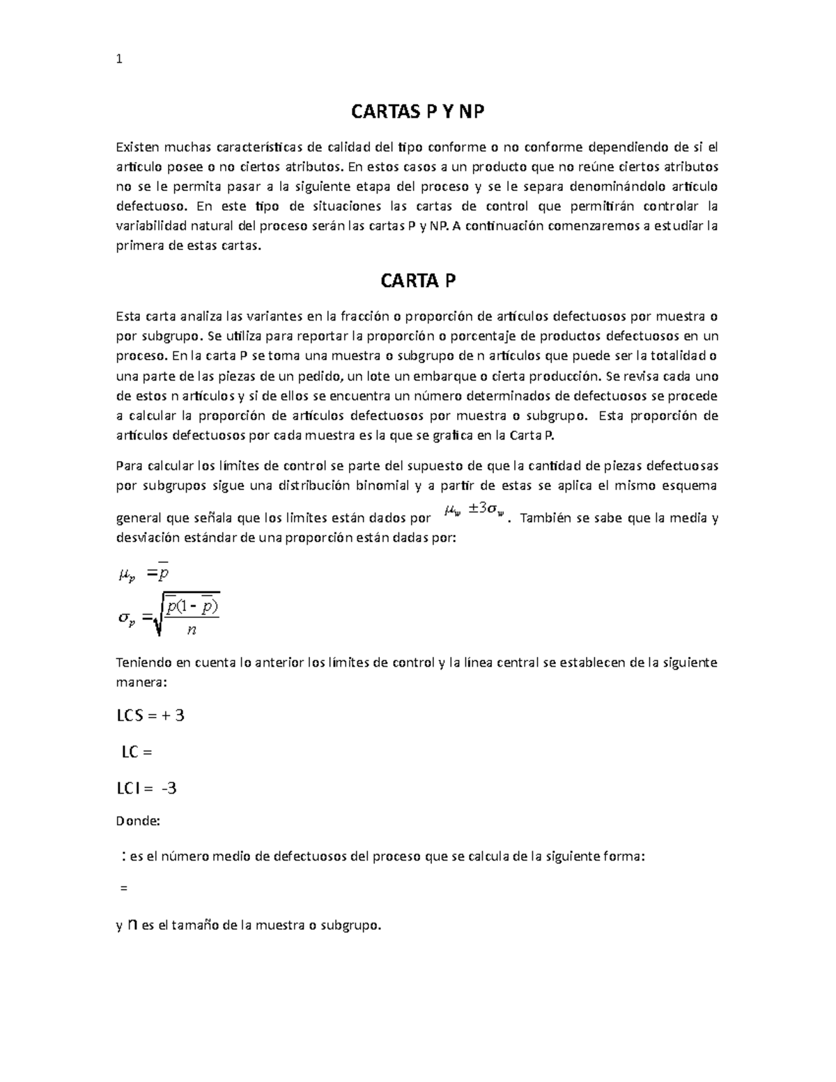 Notas sobre las Cartas de Control Estadístico P y NP en Calidad - Studocu