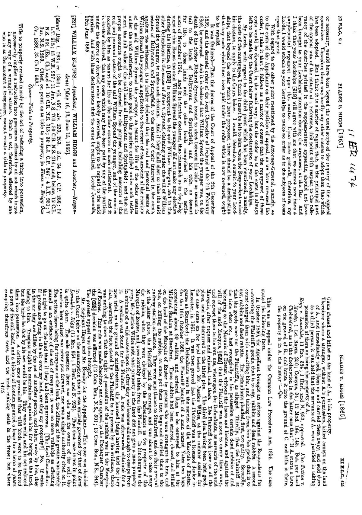 Blades v higgs [1865] 11 ER 1474 - ER 1474 XI H.L., 519 BLADES v. HIGGS ...