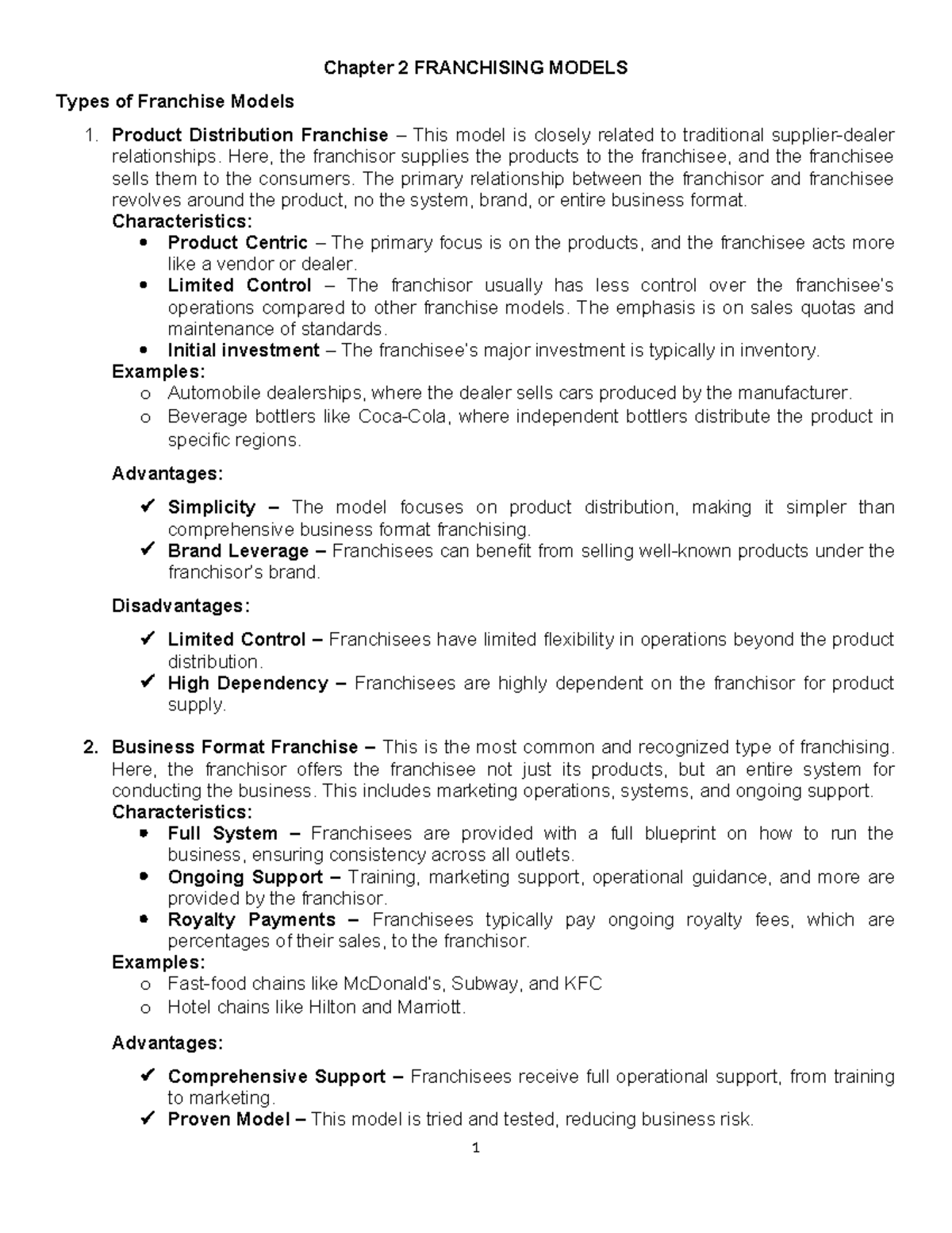 Franchising Models Overview - Chapter 2 Summary and Key Insights - Studocu