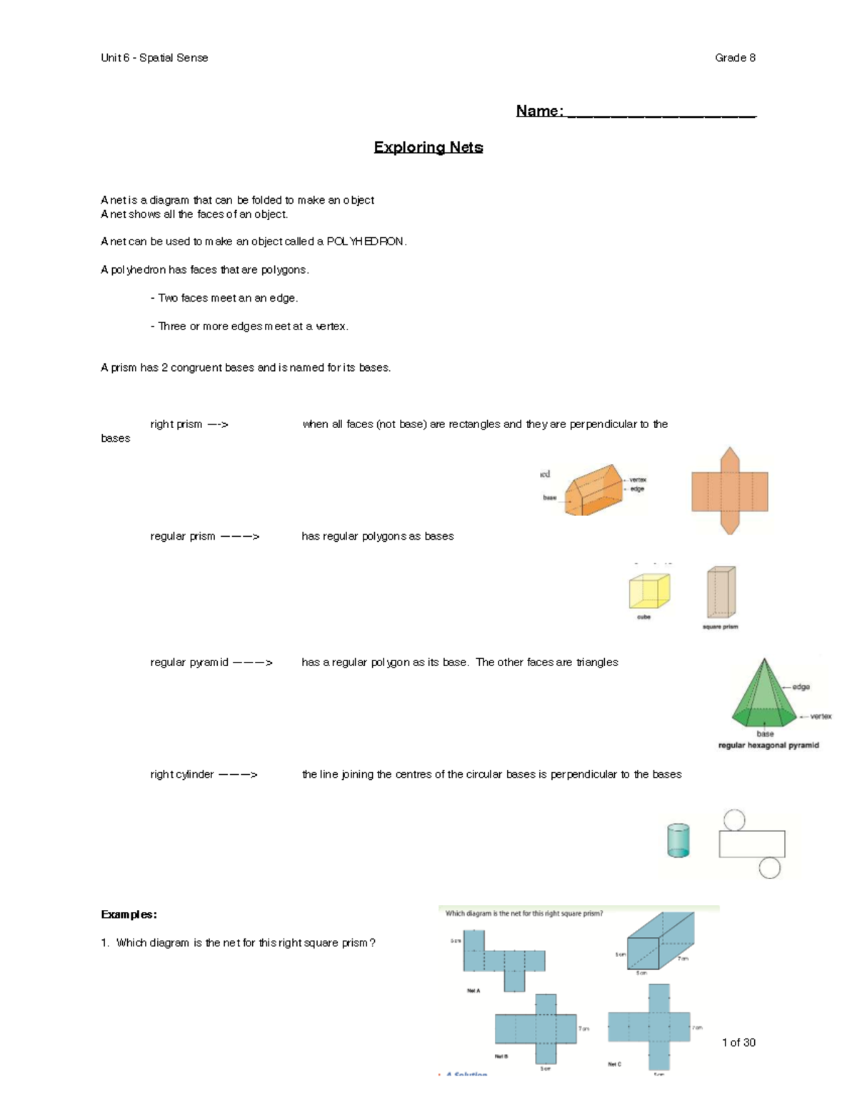 Unit 6 - Spatial Sense Grade 8: Exploring Surface Area & Volume ...