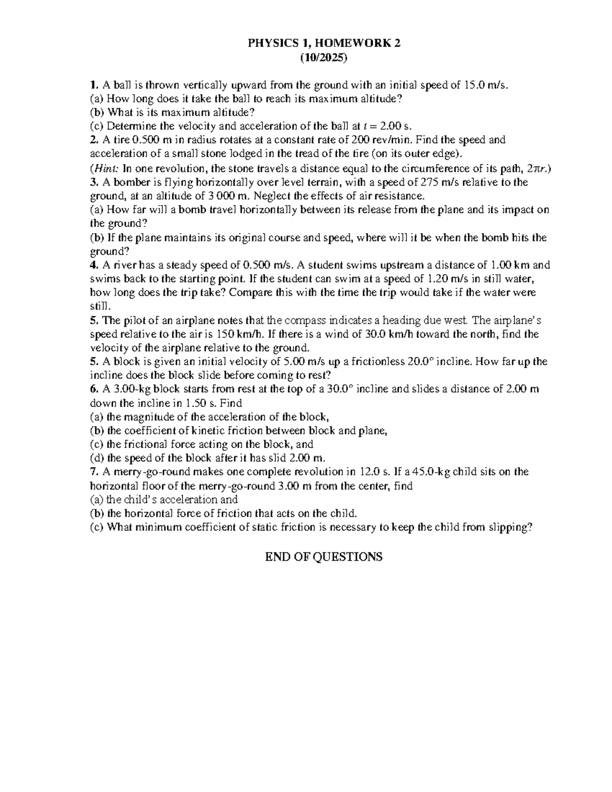 PHYSICS 1, HOMEWORK 2: Kinematics & Dynamics Problems - Studocu