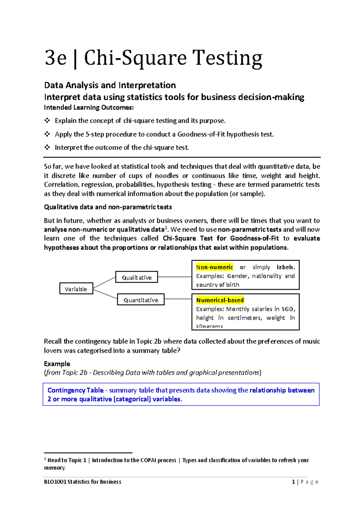BLO1001 Statistics for Business: Chi-Square Testing Overview and ...