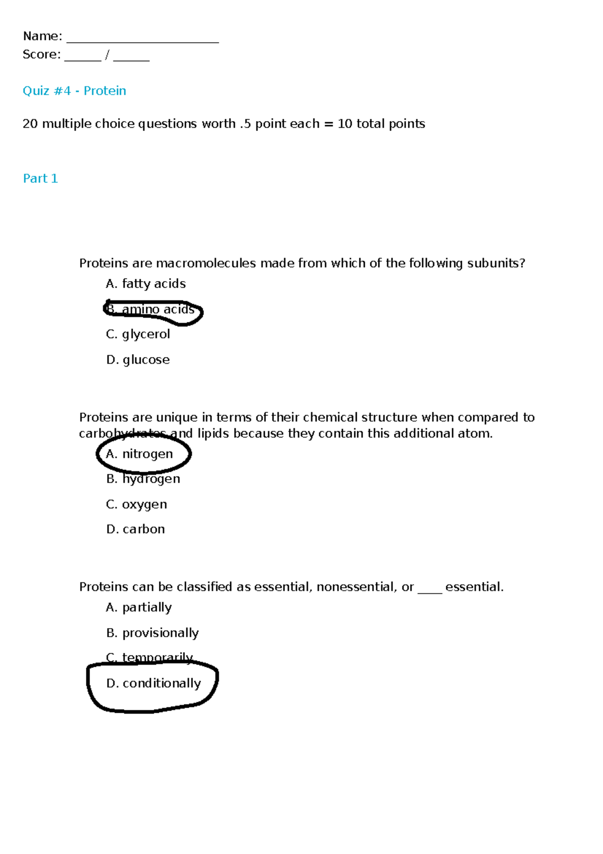 Protein Practice Quiz - Name: _________________________ Score ...
