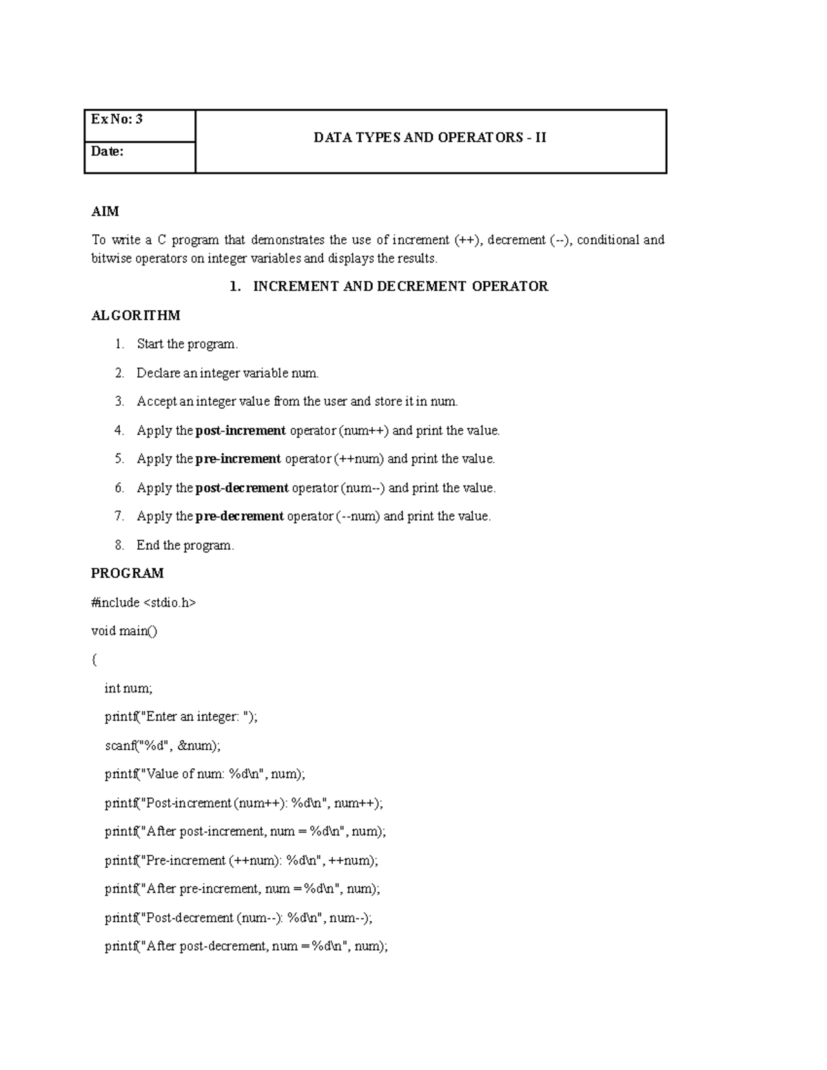 Ex No: 3 C Program on Data Types & Operators II - Studocu
