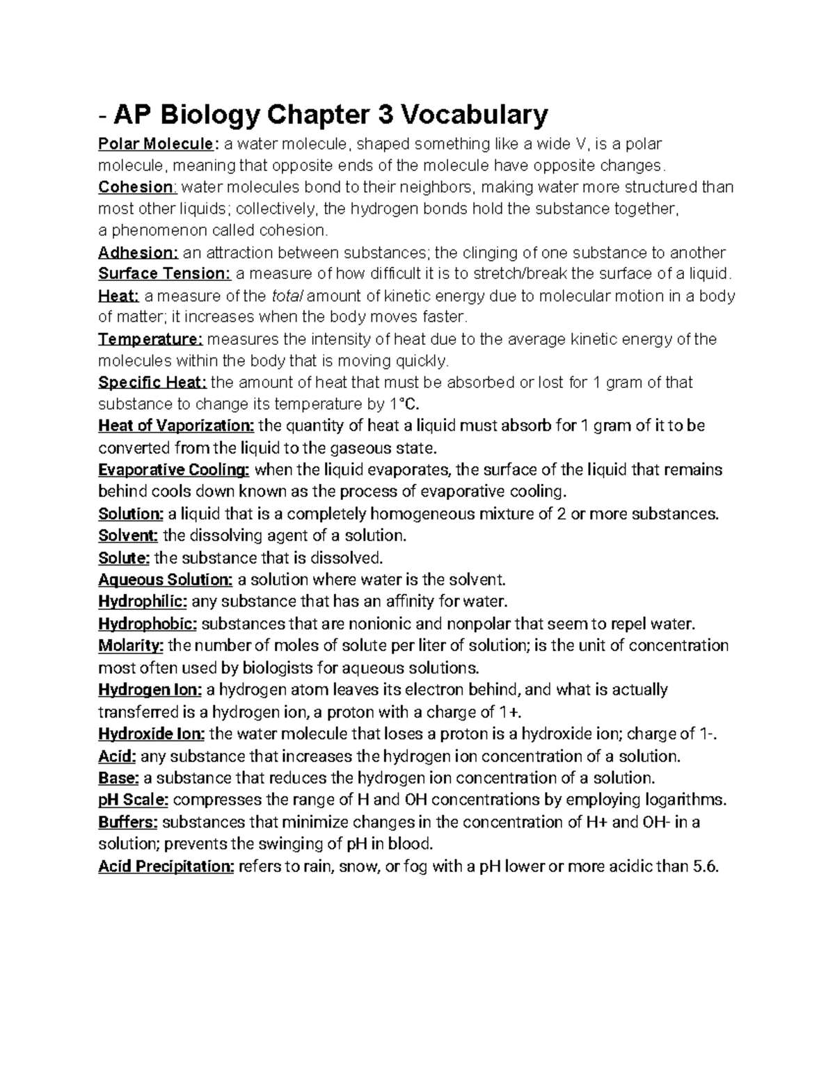 AP Biology Chapter 3 Vocabulary Definitions and Key Concepts - Studocu