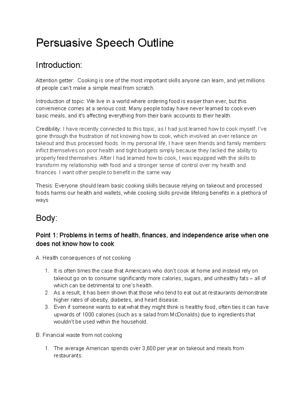 Persuasive Speech Outline: The Importance of Cooking Skills (11.45.45 ...