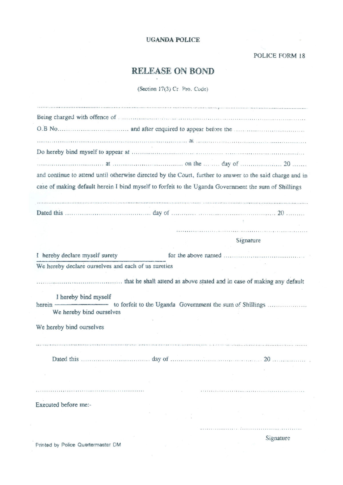 UGANDA POLICE FORM 18: Release on Bond Document Overview - Studocu