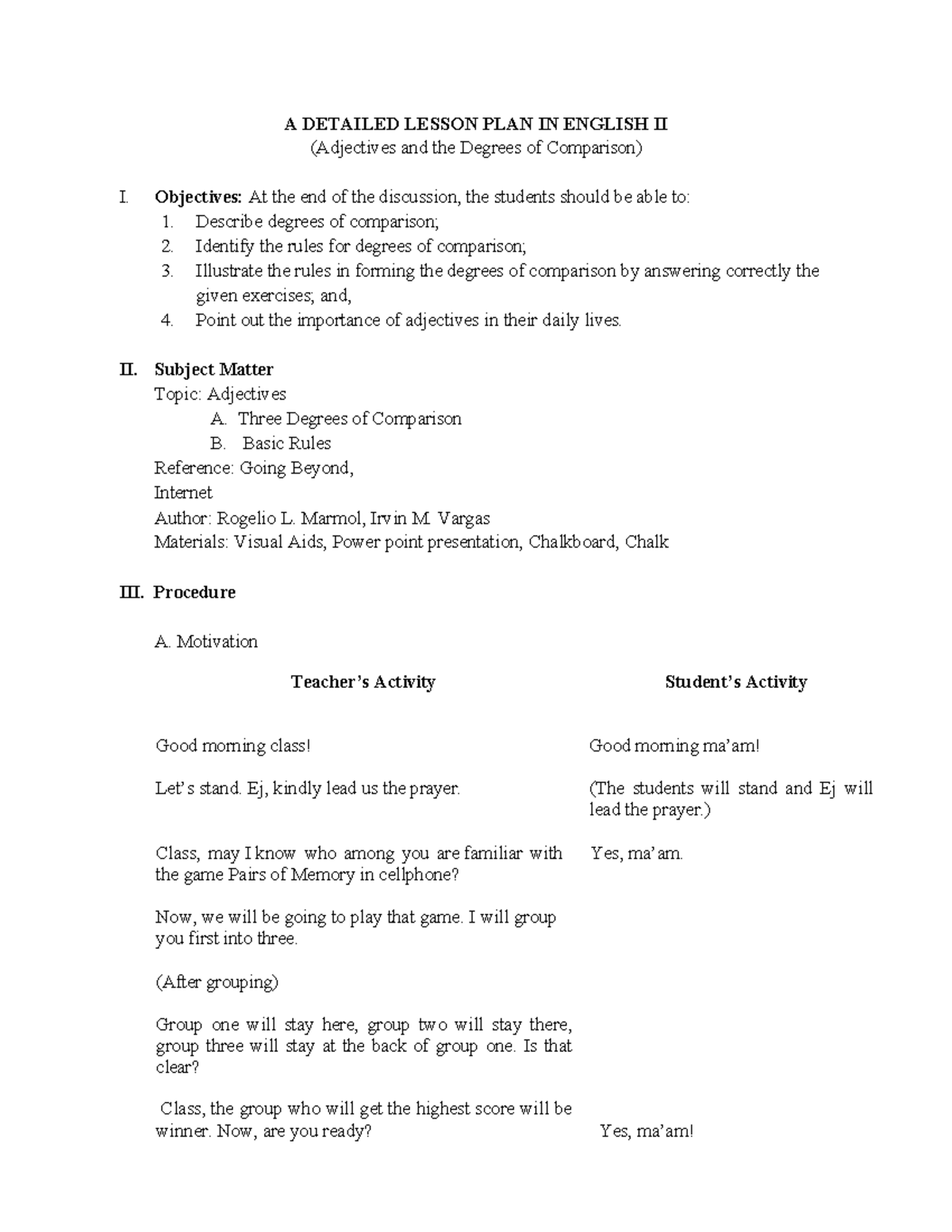 A DETAILED LESSON PLAN IN ENGLISH II: Adjectives & Comparison Degrees ...