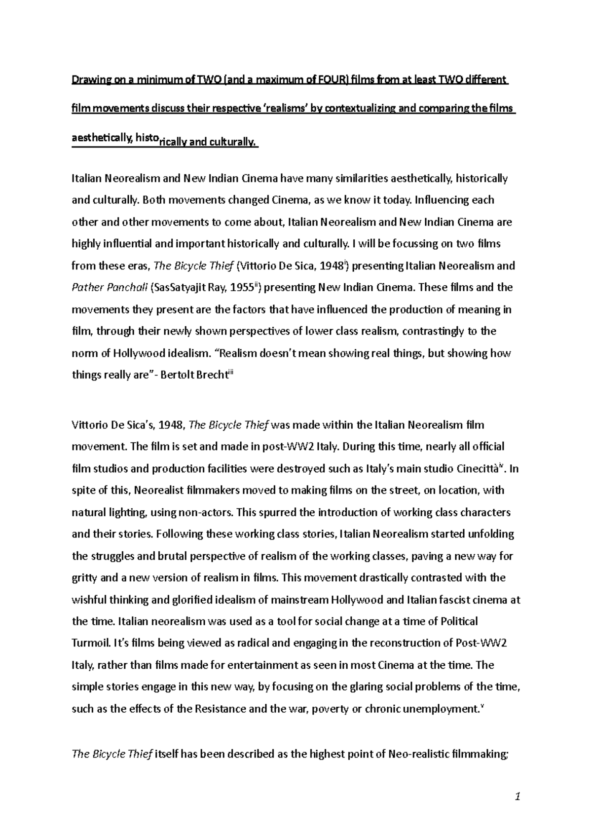 Essay "Realism Italian Neo Realism And Indian New Wave Cinema" - Grade ...