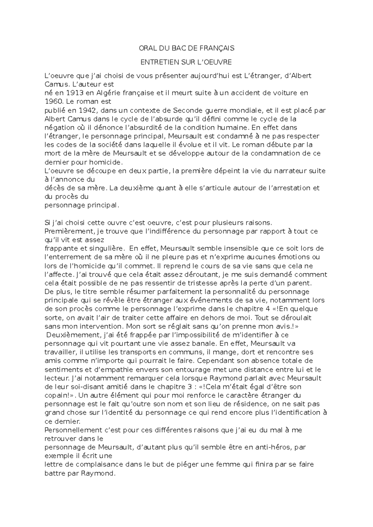 L'étranger d'Albert Camus : Entretien Bac Français Oral - Studocu