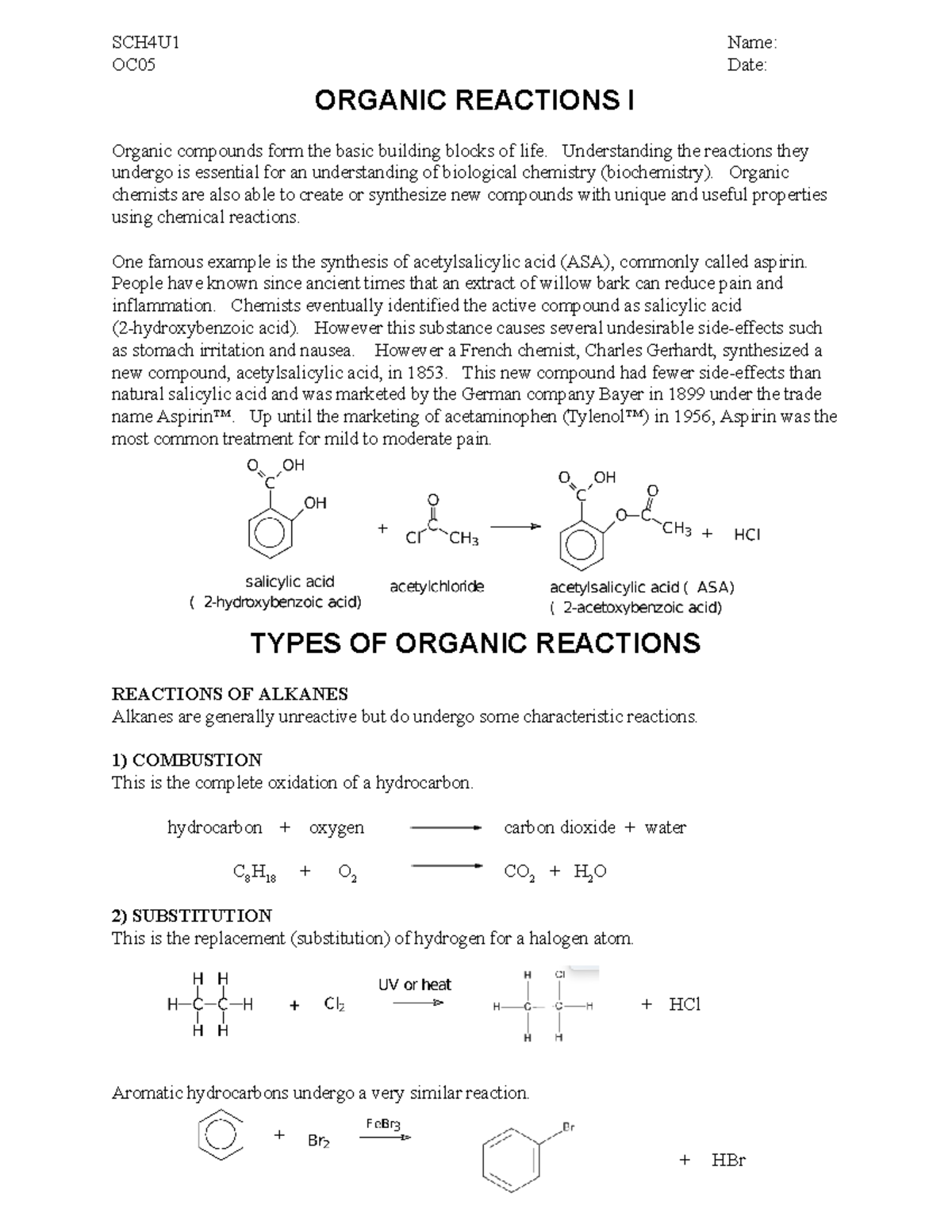 Organic Reaction I Notes - SCH4U1 Name: OC05 Date: ORGANIC REACTIONS I ...