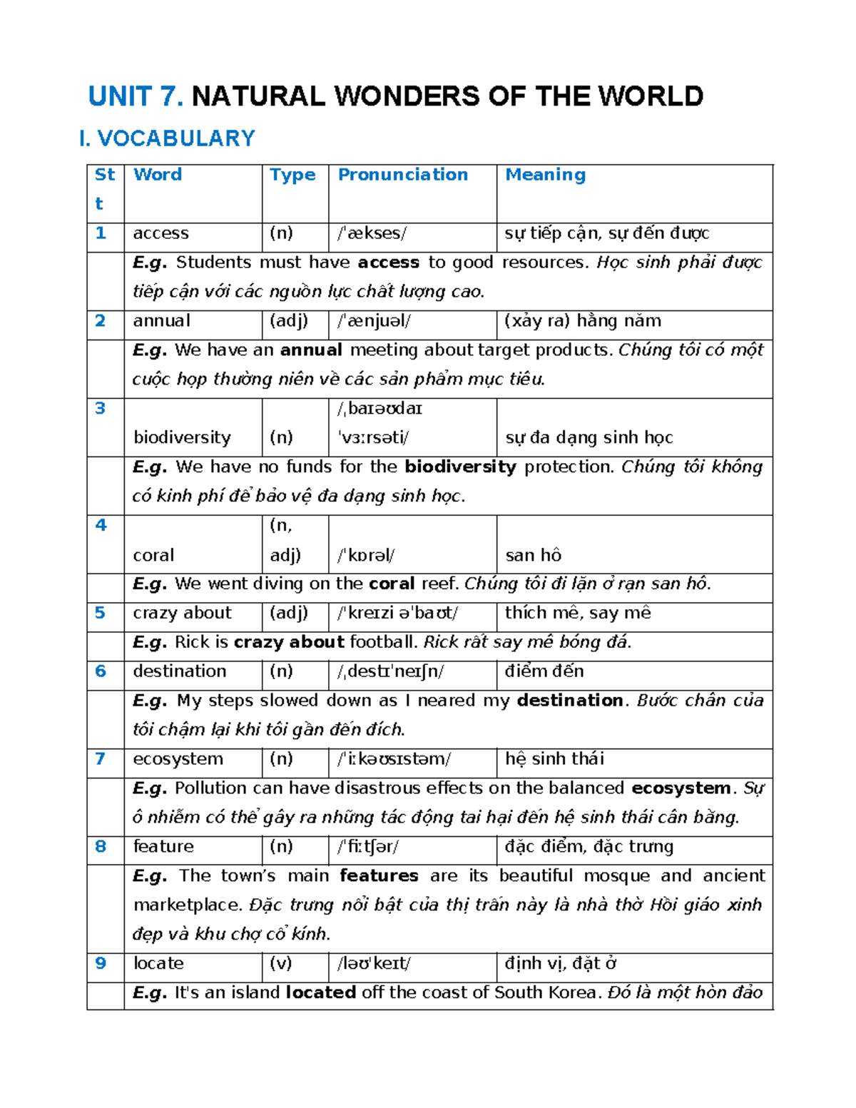 UNIT 7: Natural Wonders of the World - Vocabulary & Grammar Notes - Studocu