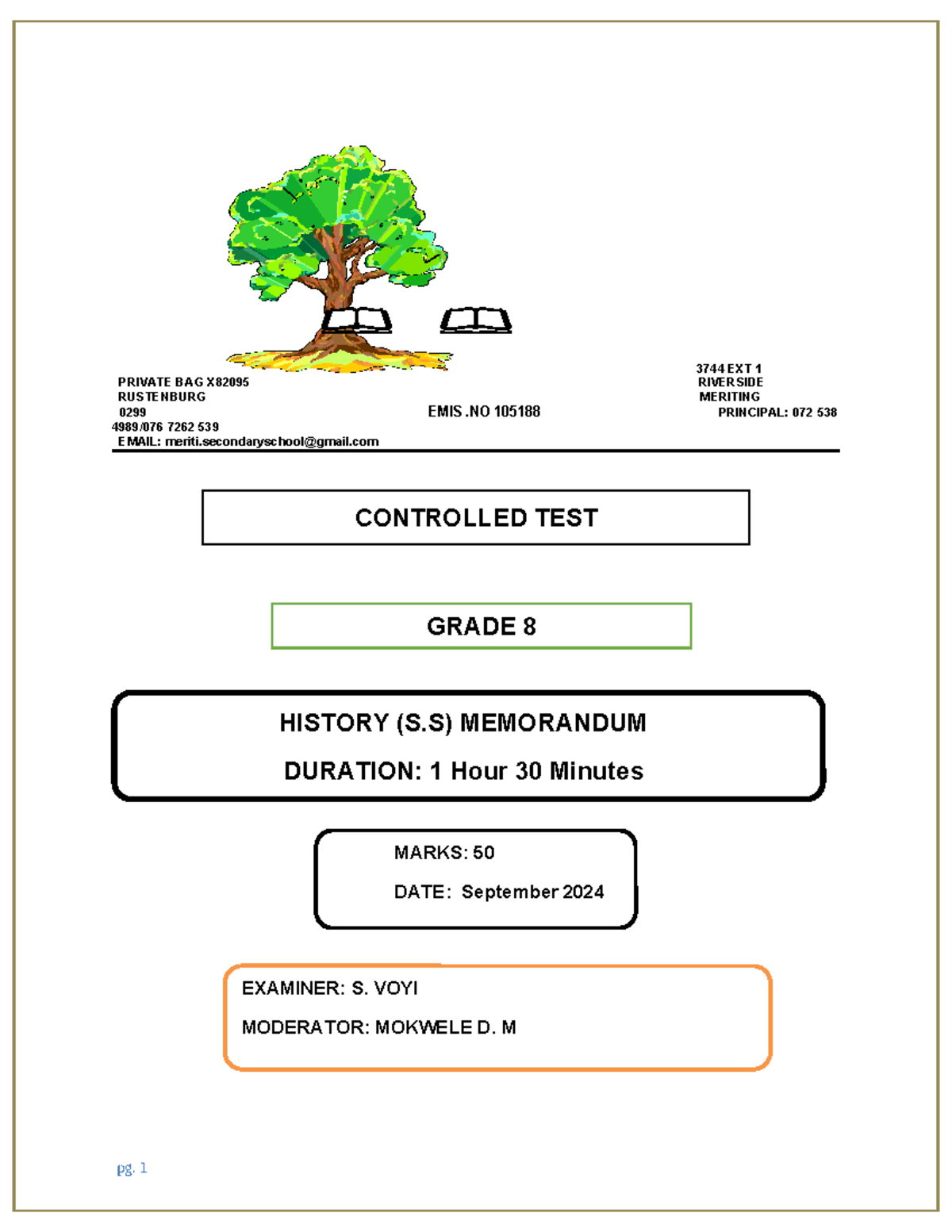 Grade 8 Social Sciences History Controlled Test Memo - Studocu