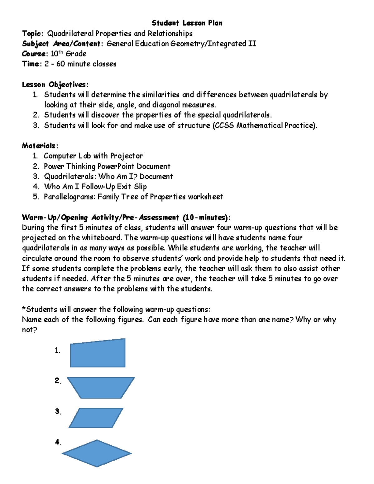 Quadrilateral Lesson Plan - Student Lesson Plan Topic: Quadrilateral ...