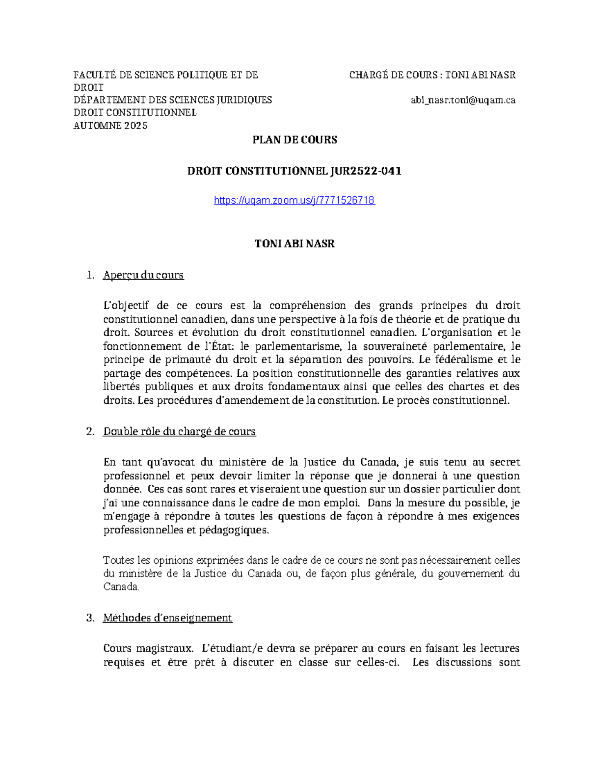 Plan de Cours - Droit Constitutionnel JUR 2025 - Automne 2025 - Studocu