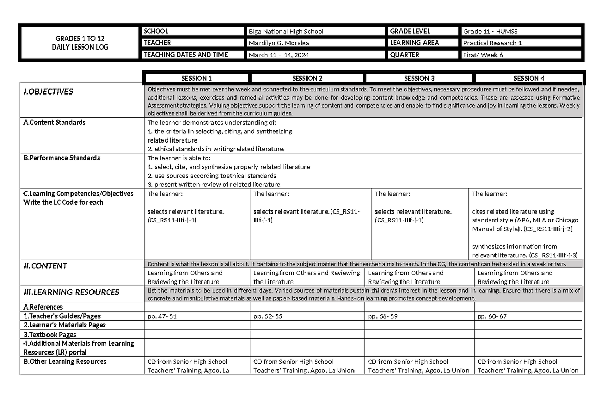 CS RS1 Daily Lesson Log for Practical Research 1 - Grade 11 (Mar 11-14 ...