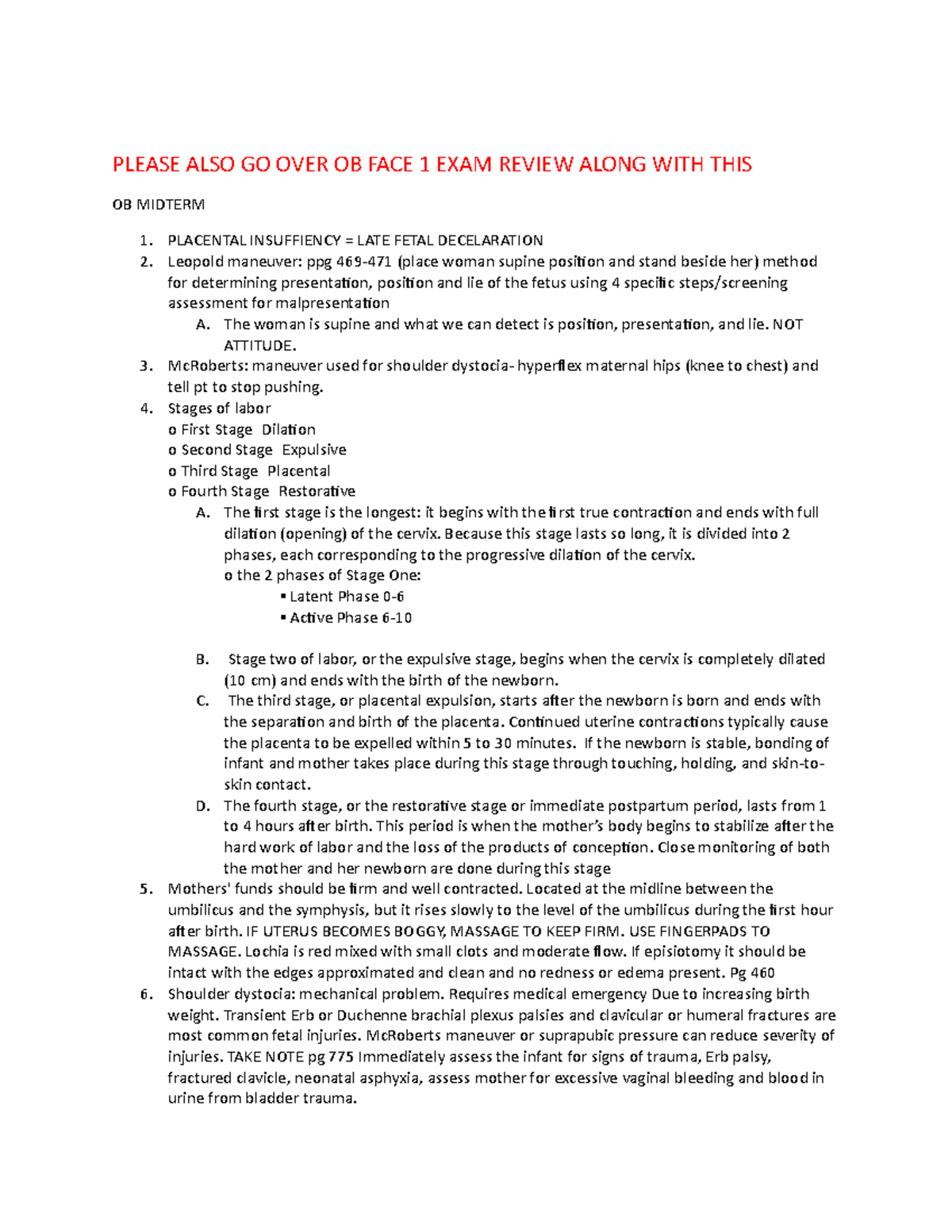 OB Midterm Study Guide: Key Concepts & Labor Stages Overview - Studocu