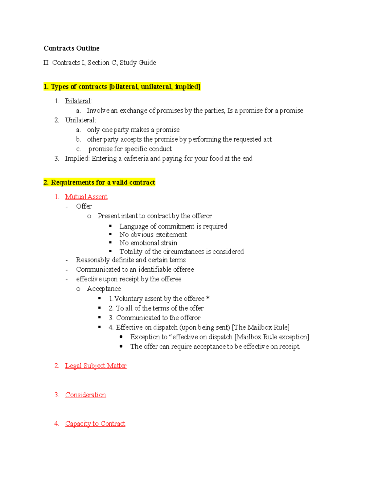 Contracts Outline II: Study Guide for Contracts I, Section C - Studocu