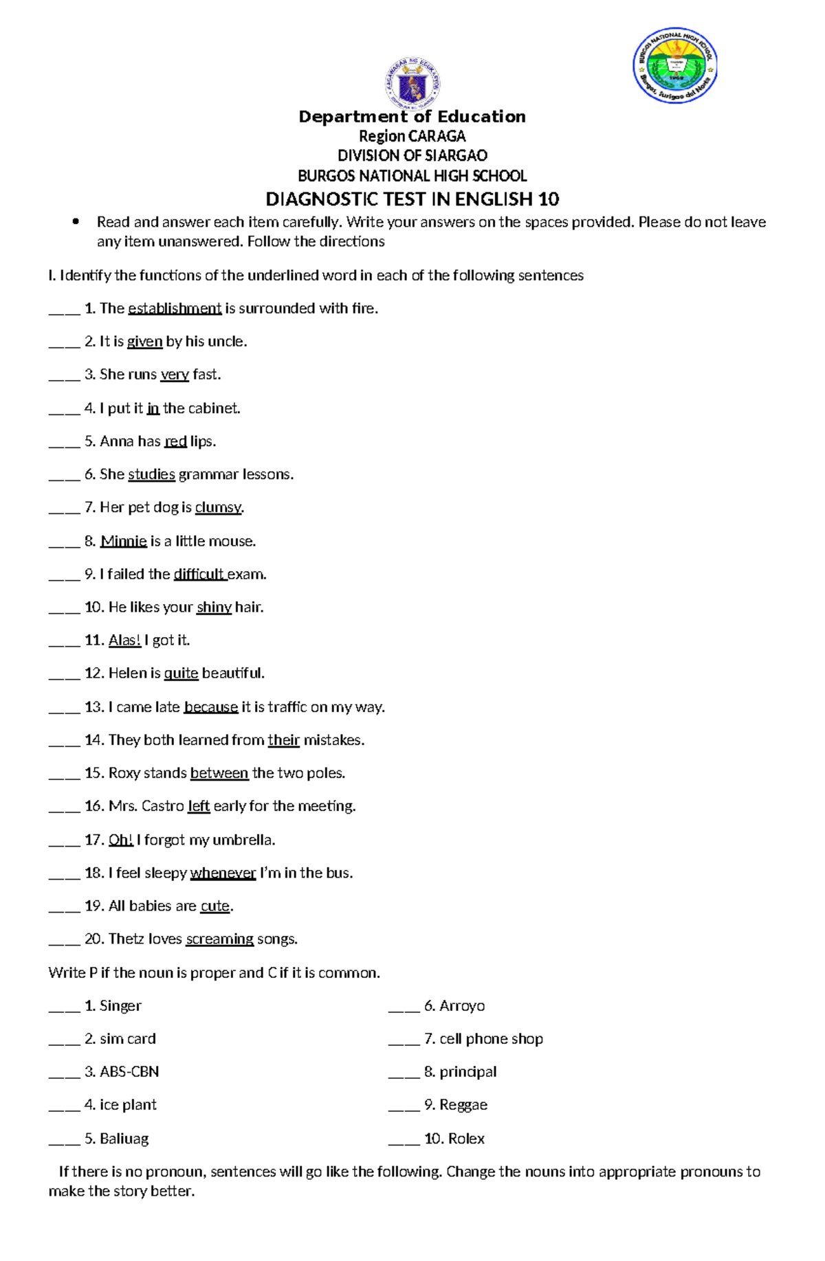 Diagnostic Test in English 10: Lesson Exemplar and Exercises - Studocu
