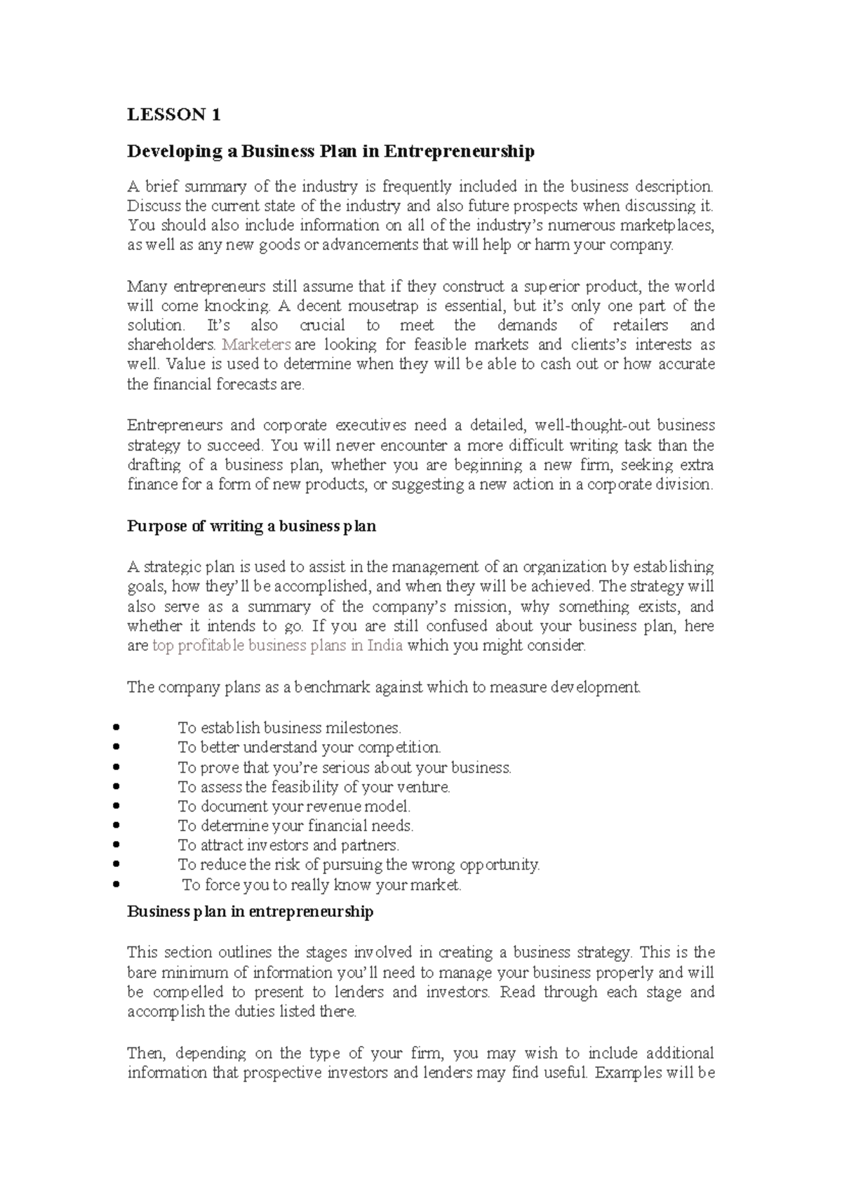 Lesson 1: Crafting an Effective Business Plan for Entrepreneurs - Studocu