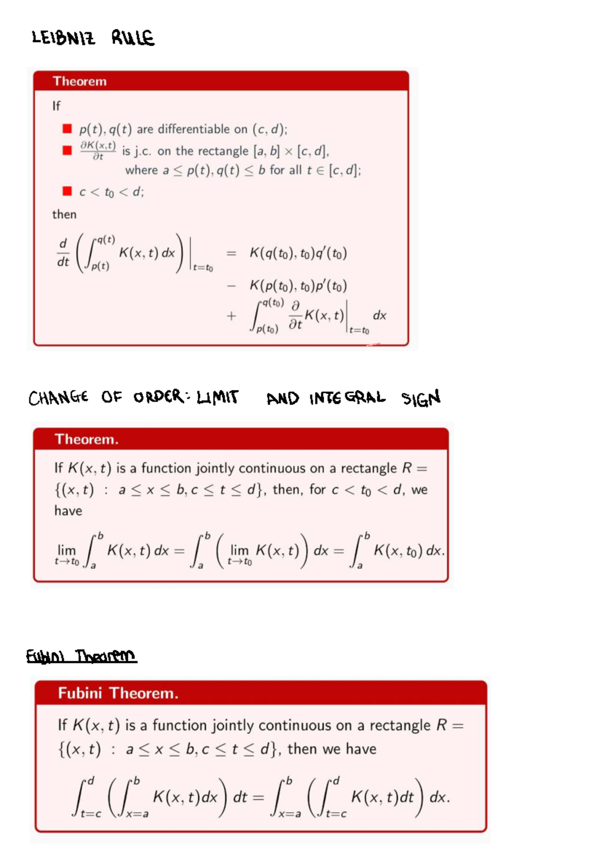 MA212 Notes - Theorems - MA212 - LEIBNIZ RULE - CHANGE OF ORDER : LIMIT ...