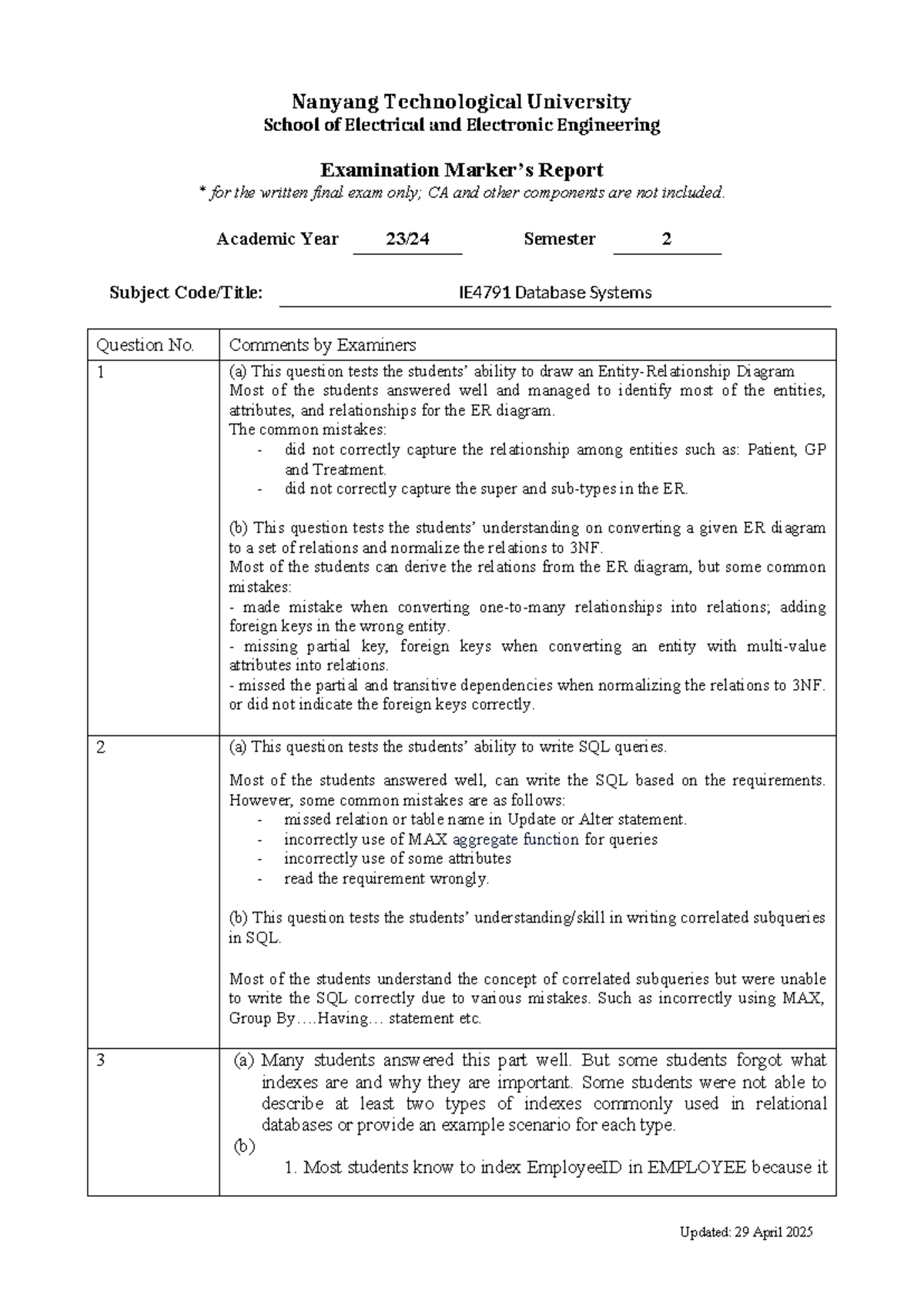 IE4791 Database Systems Final Exam Report - EEE 2024 - Studocu