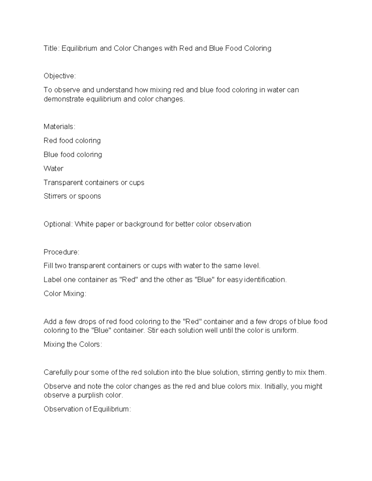 Experiment on Chemical Equilibrium: Color Mixing with Food Dyes - Studocu