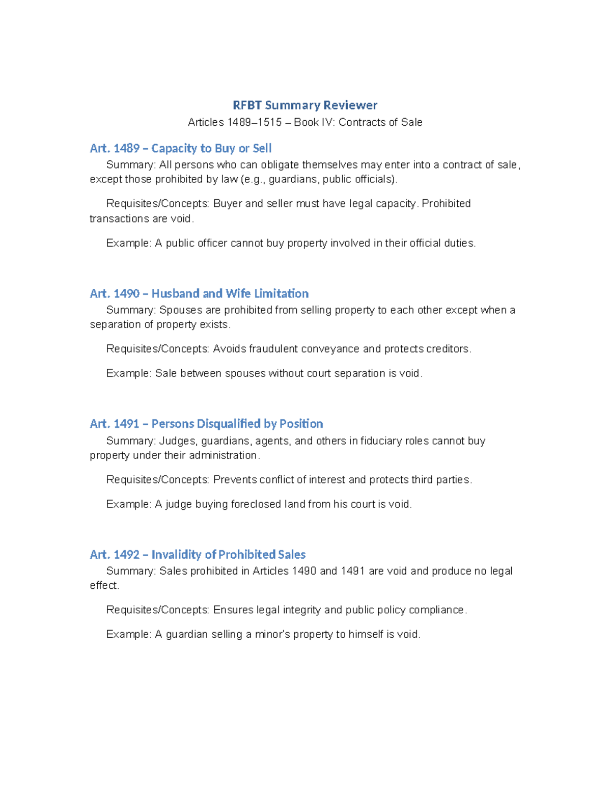 RFBT Summary: Articles 1489-1515 on Contracts of Sale - Studocu