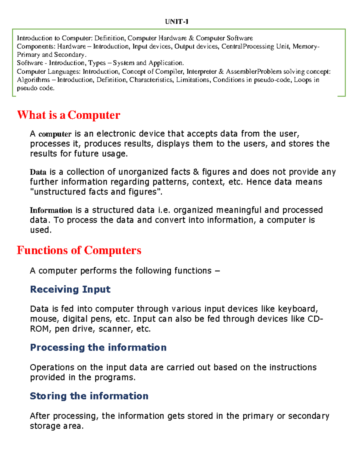 Unit 1 - Computer Fundamentals: Hardware, Software, and Functions - Studocu