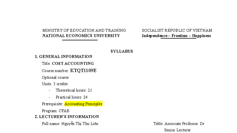 Syllabus 2024: Cost Accounting (KTQT1109E) for CFAB Program - Studocu