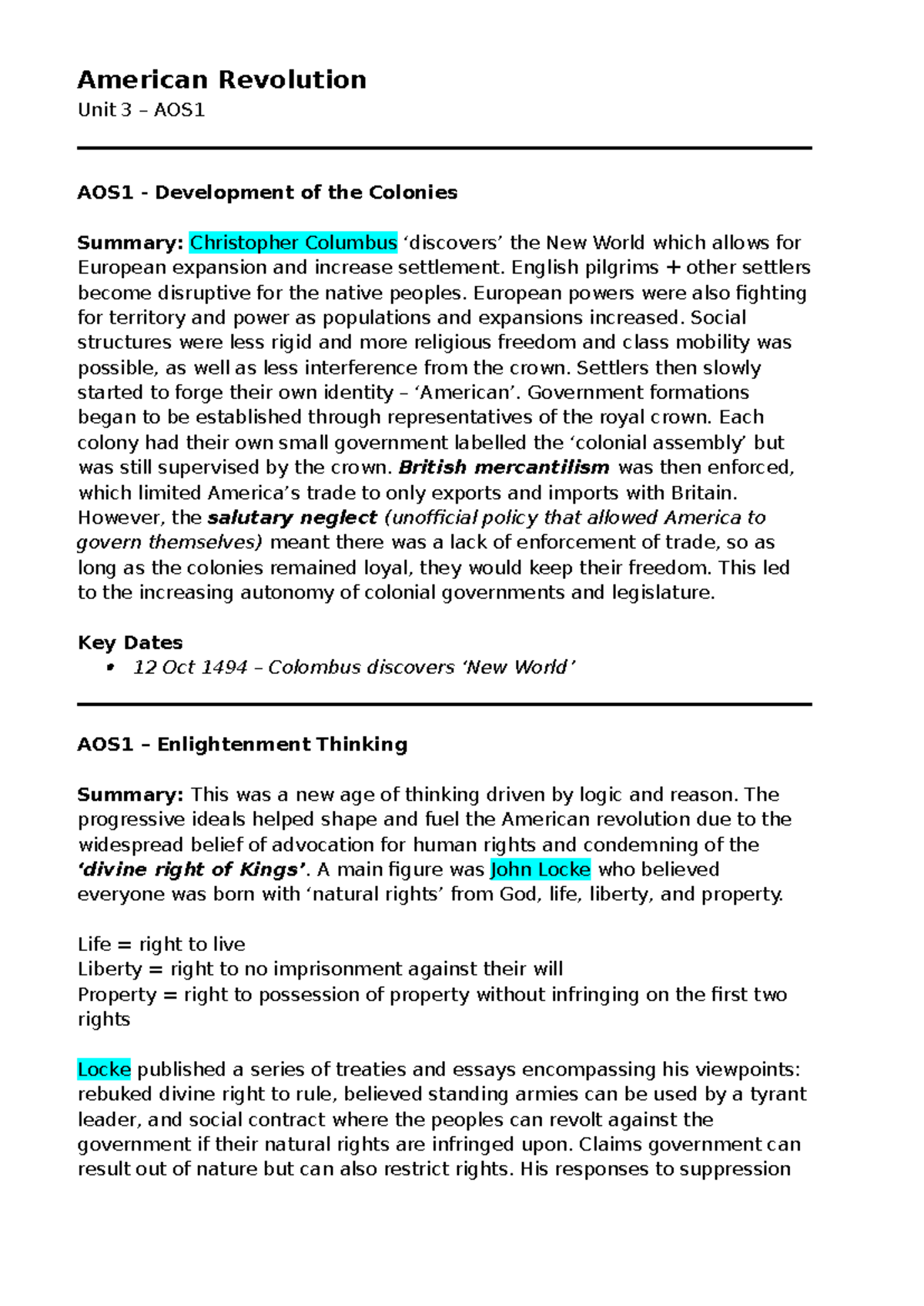 American Revolution Unit 3 AOS1-AOS2 Comprehensive Summary - Studocu
