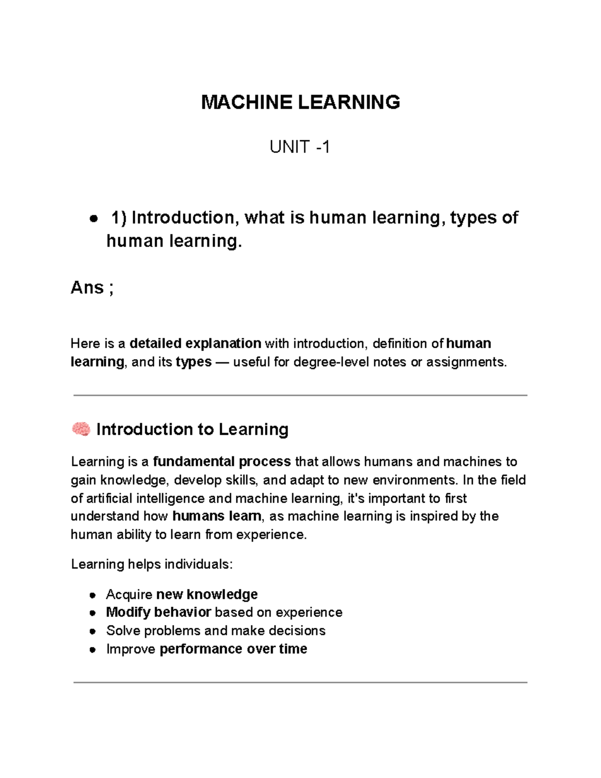 Machine Learning (ML) Unit 1: Introduction to Human Learning and ML Types - Studocu
