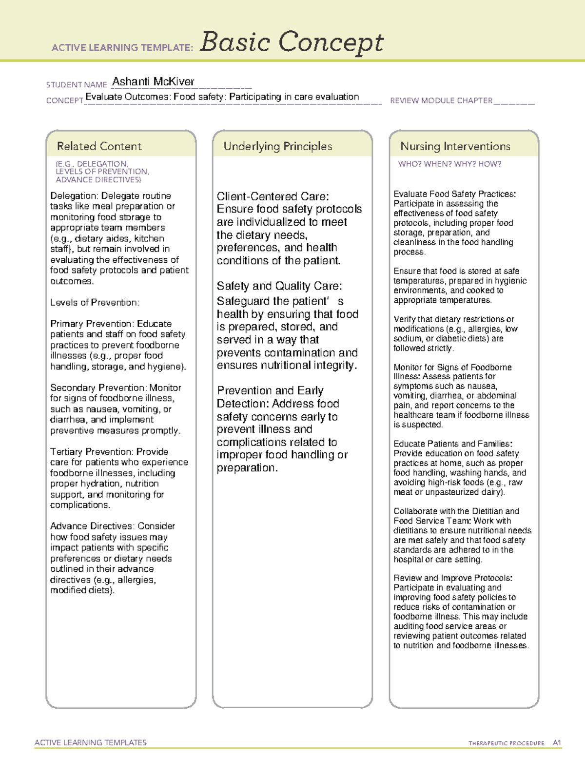 ACTIVE LEARNING TEMPLATE: Food Safety Concepts & Nursing Interventions ...