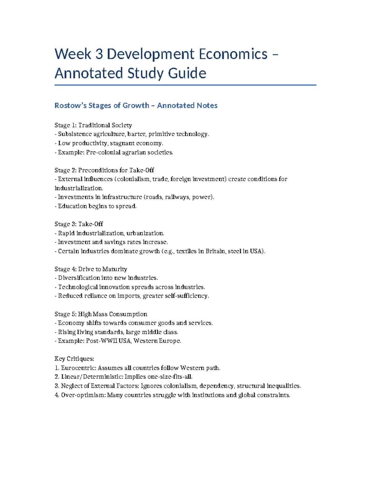 Week 3 Development Economics Study Guide: Stages of Growth & Critiques ...