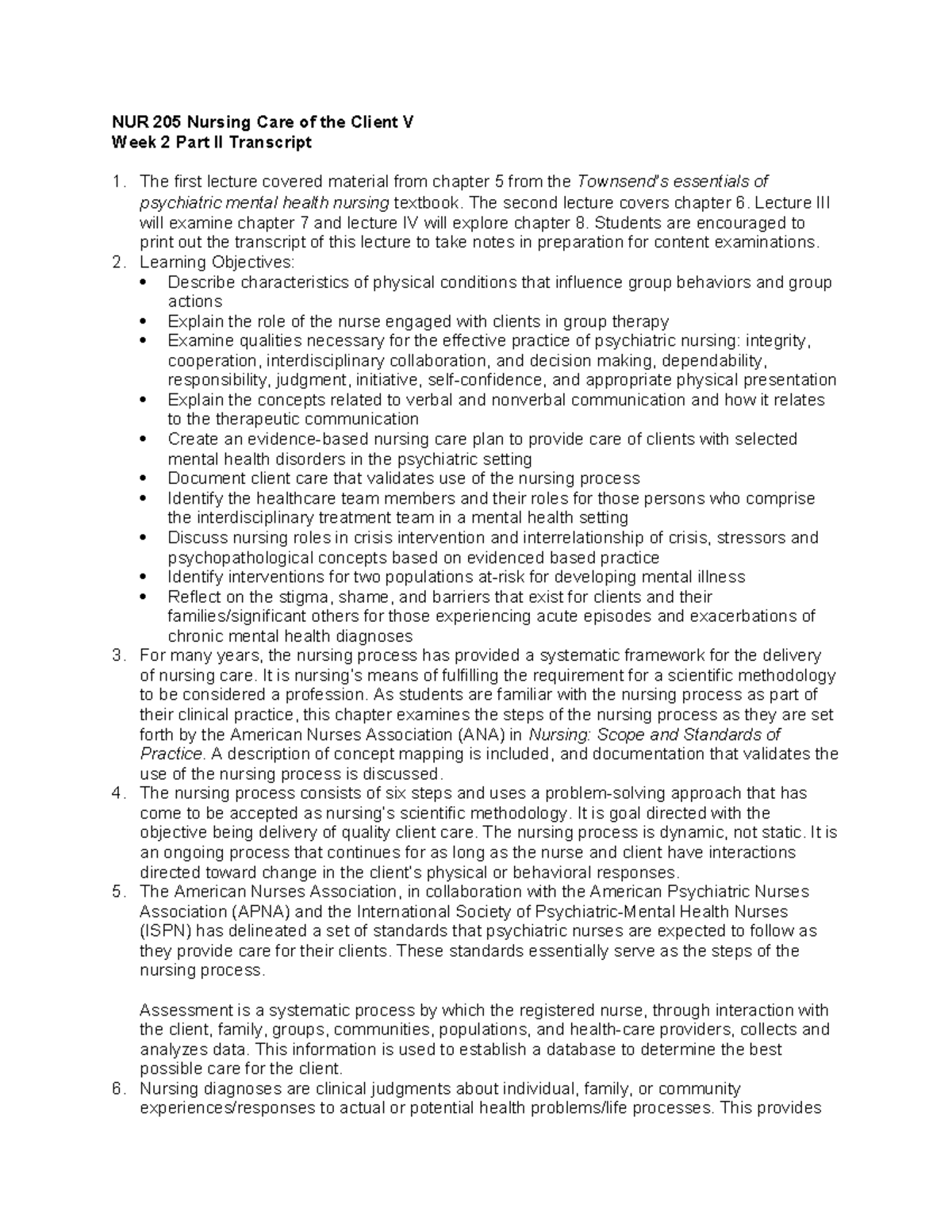 NUR 205 Nursing Care of the Client V Week 2 Part II Lecture Notes - Studocu