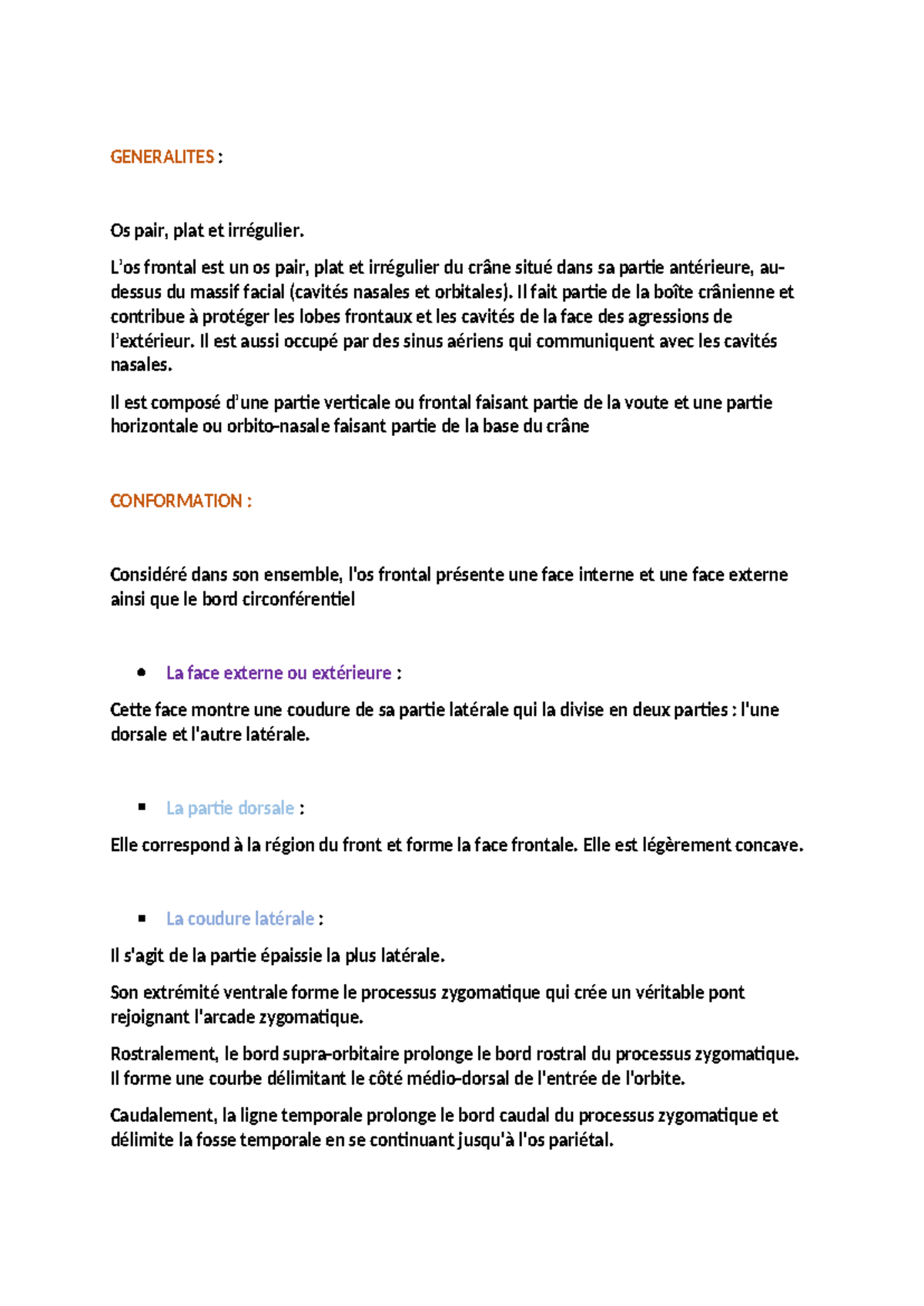 Os Frontal : Généralités et Conformation du Crâne - Studocu