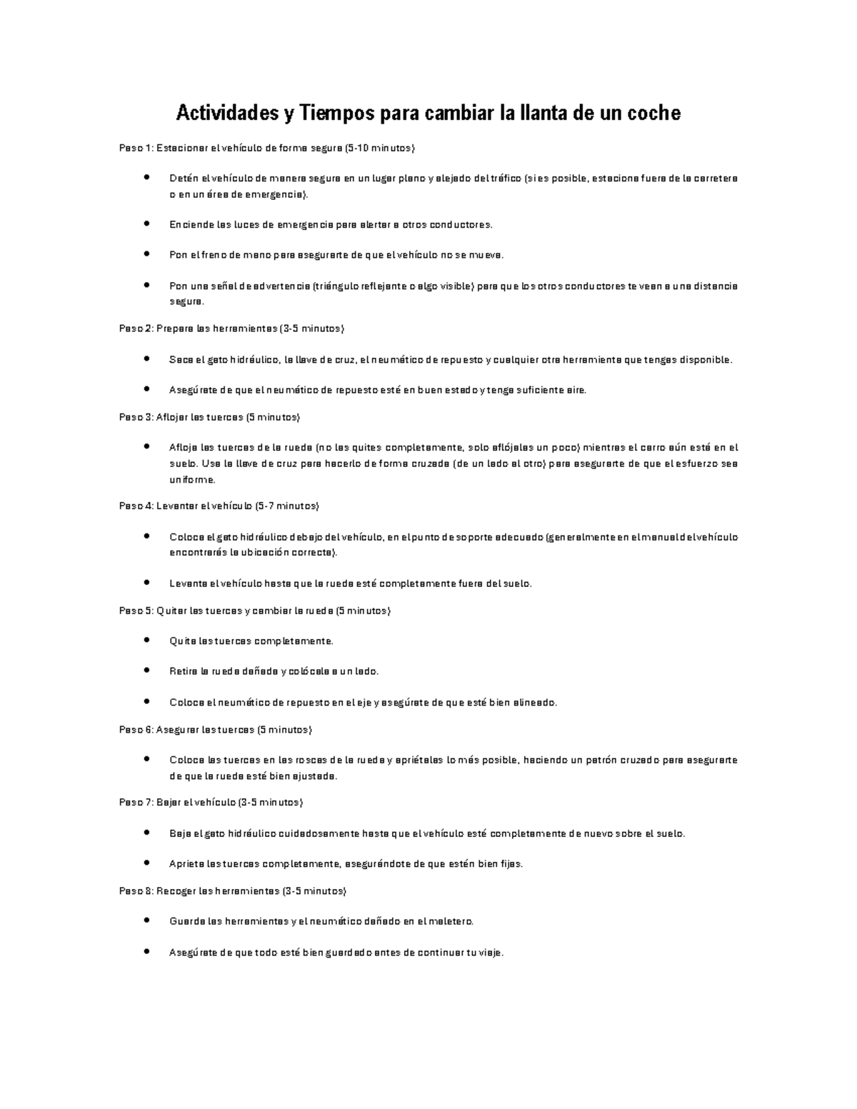 Tarea Rafa: Actividades y Tiempos para Cambiar una Llanta de Coche - Studocu