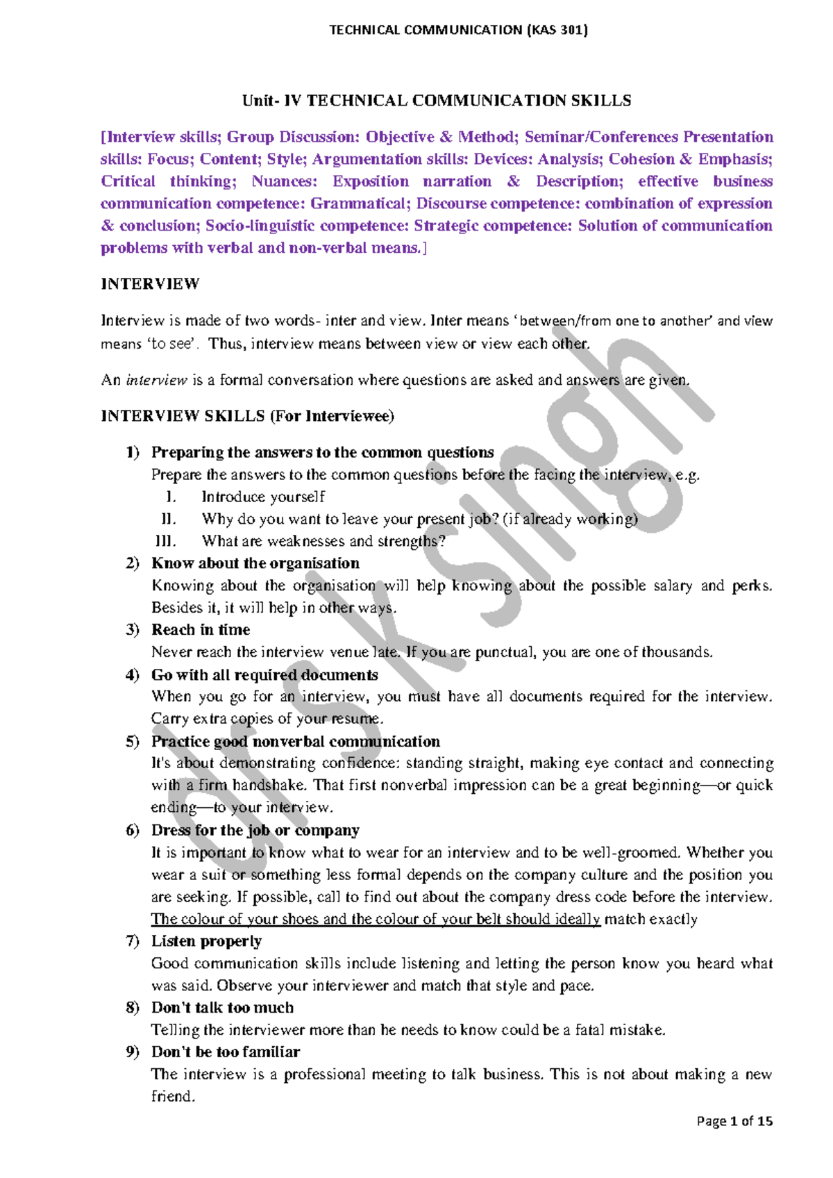 Tech Comm Unit 4 - Essential Skills for Interviews & Presentations - Studocu