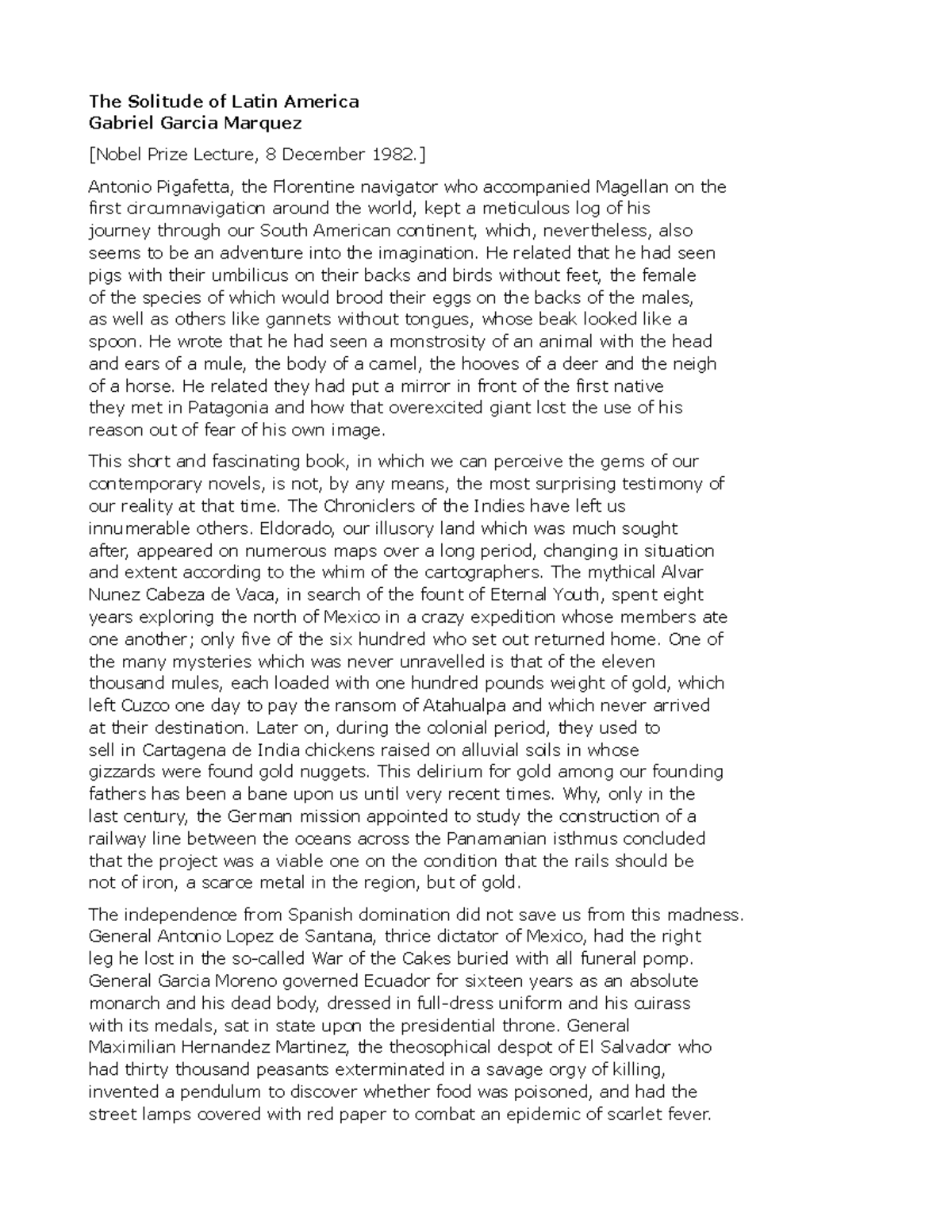 Gabriel García Márquez: The Solitude of Latin America - Nobel Lecture ...