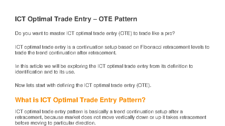 ICT Optimal Trade Entry (OTE) Guide for Traders - Studocu
