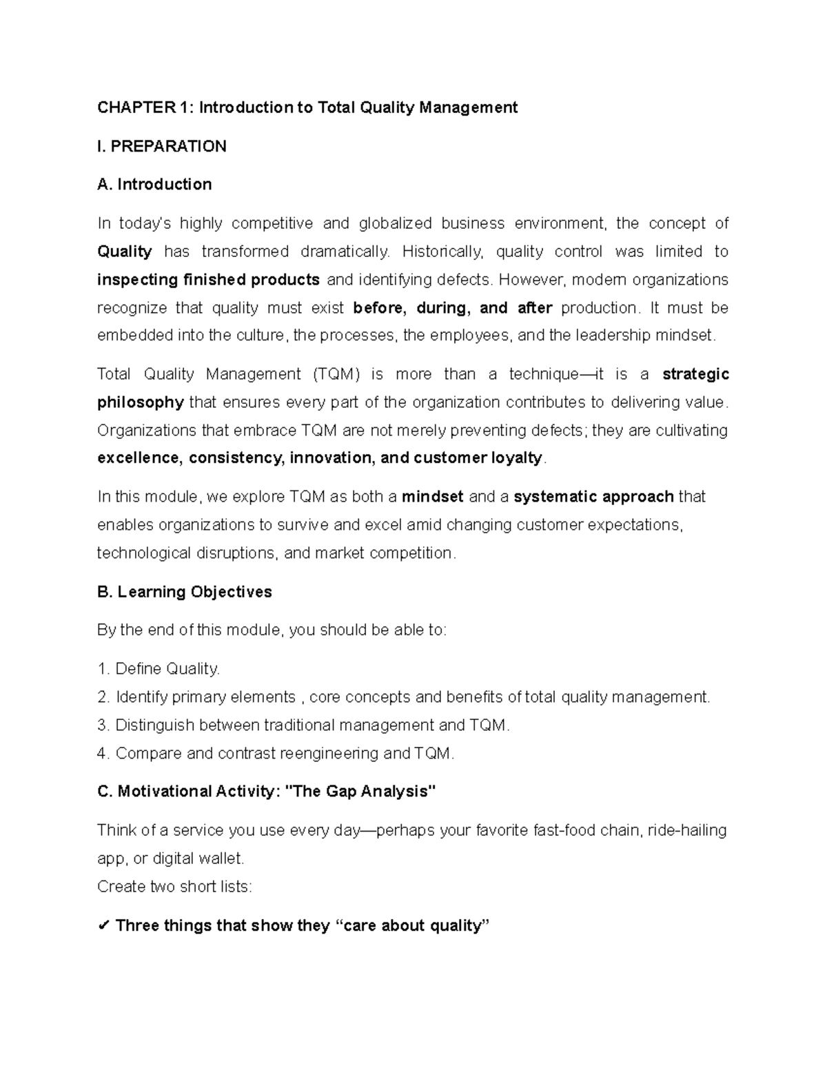 CHAPTER 1: Intro to Total Quality Management (TQM) Concepts and ...