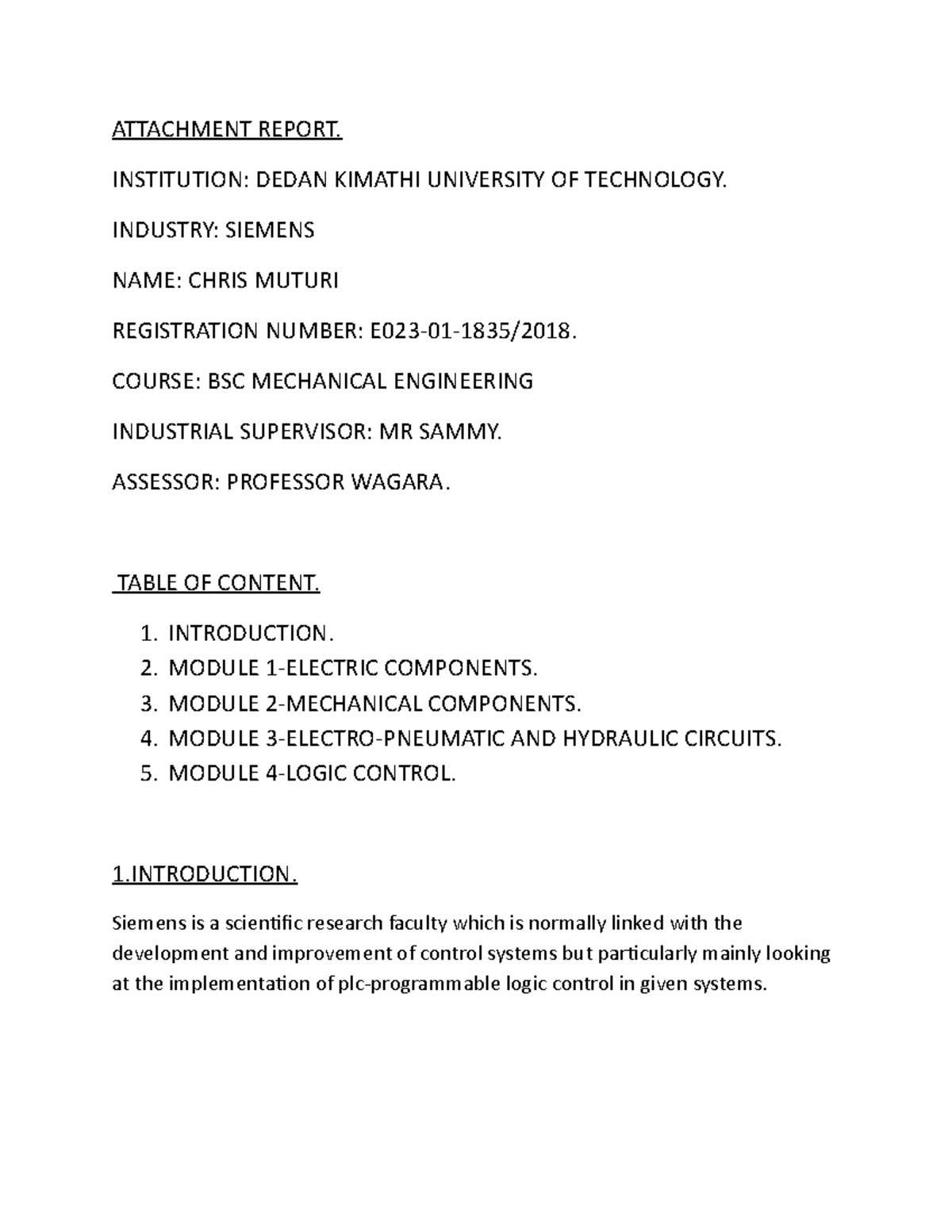 Attachment Report for BSc Mechanical Engineering - Siemens - Studocu