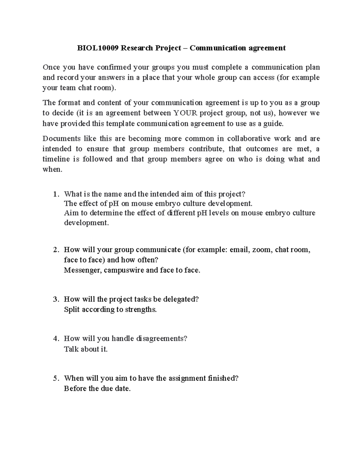 BIOL10009 Communication agreement template - BIOL10009 Research Project ...