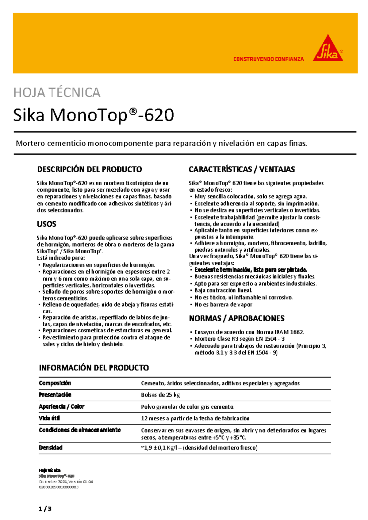 Hoja Técnica Sika Monotop-620: Mortero Cementicio para Reparación - Studocu