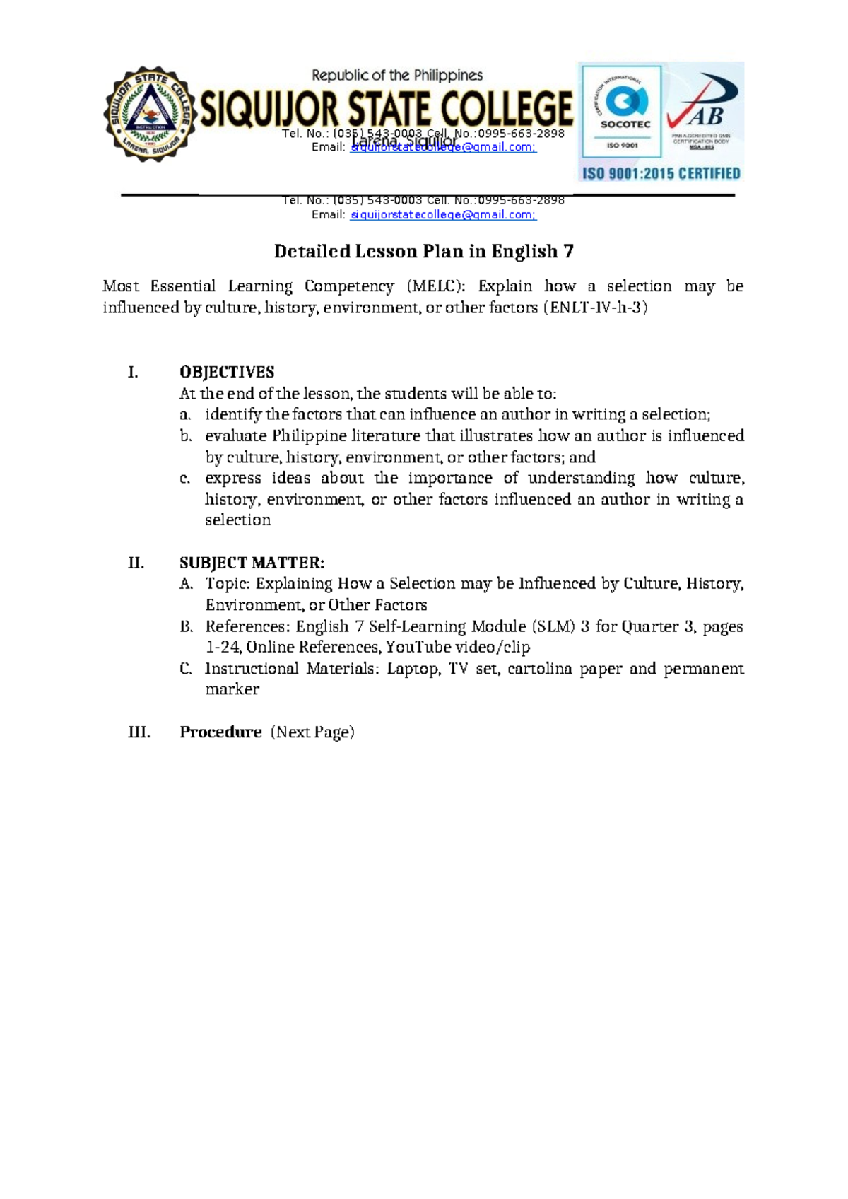 English 7 Q3 Detailed Lesson Plan: Cultural Influences on Literature ...